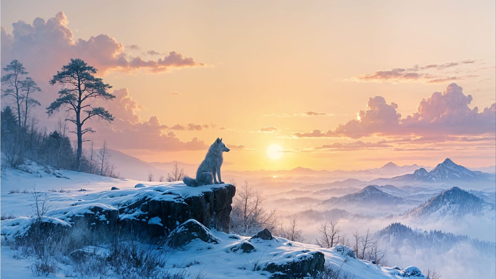 Wolf watching the sunrise from the top of a snowy hill