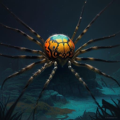 Spider - Majestic Fantasy Spider in a Deep Blue-Green Envir...
