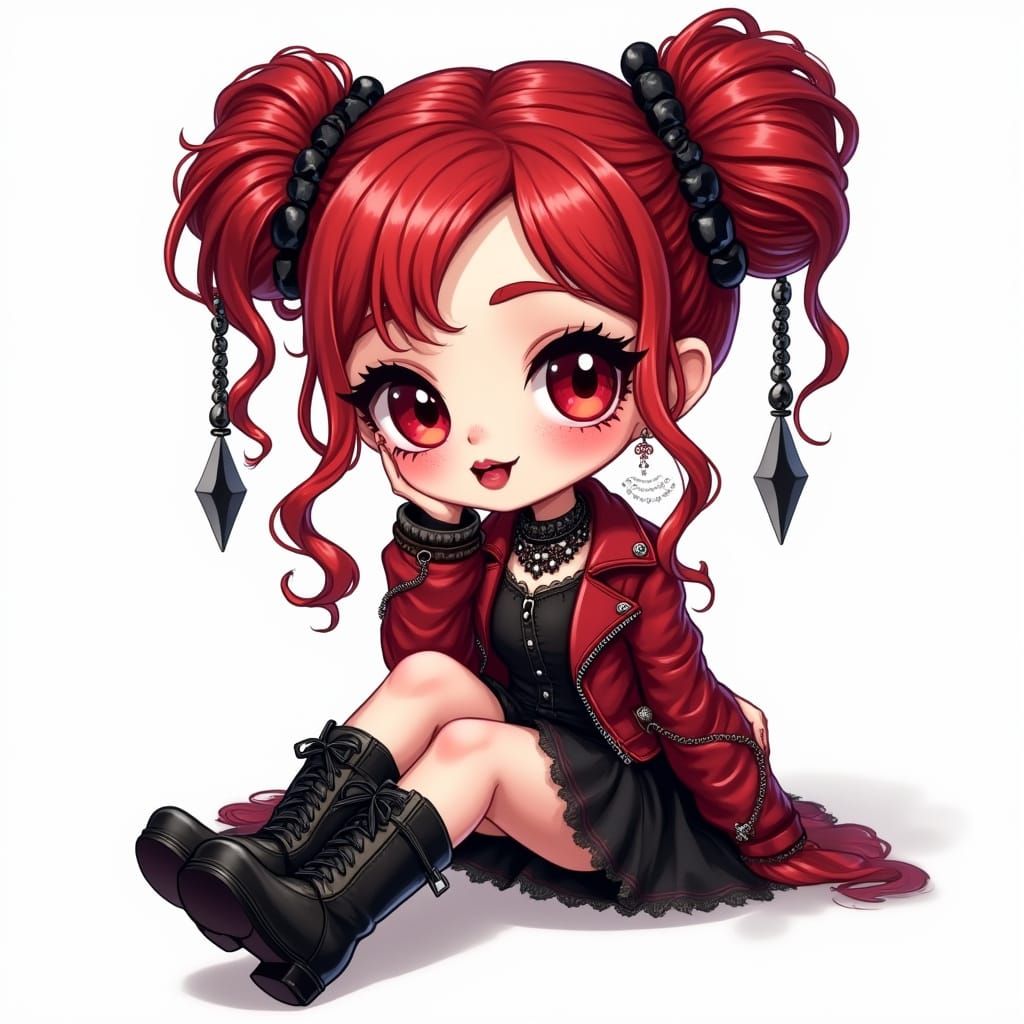 Enchanted Chibi Gothic Girl in Red Leather Jacket - AI Art