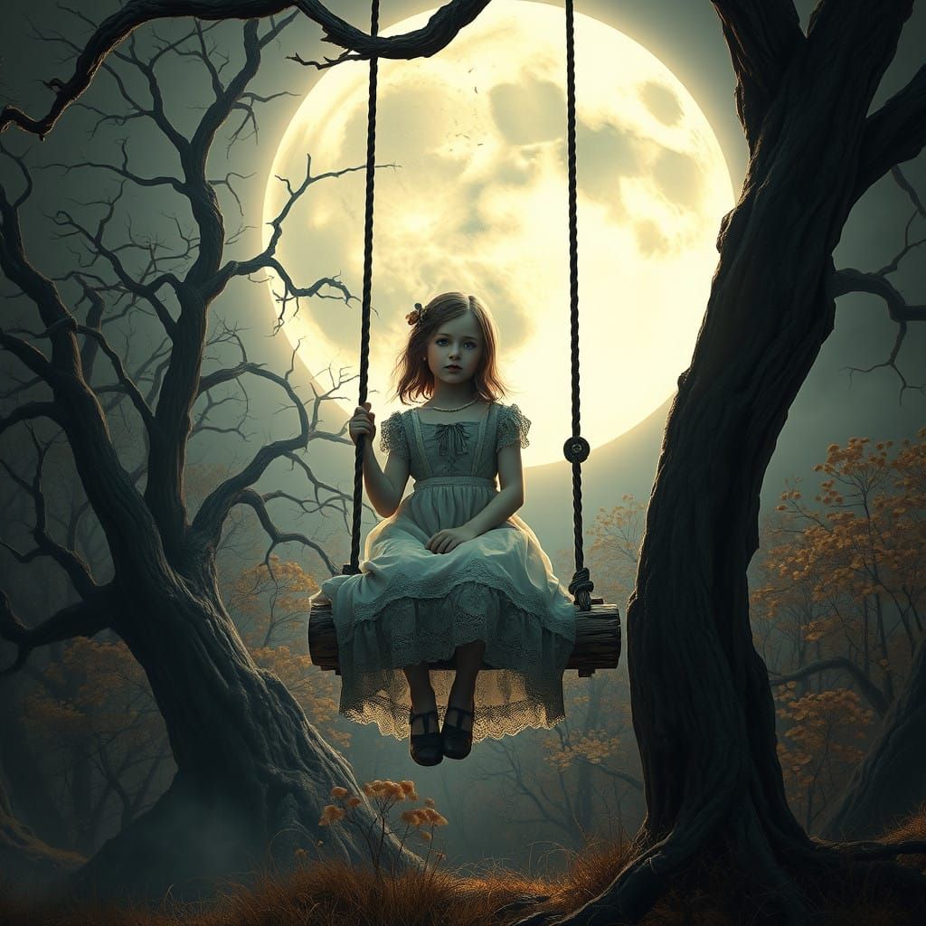 a girl sitting on a swing in front of a full moon, digital art, fantasy ...