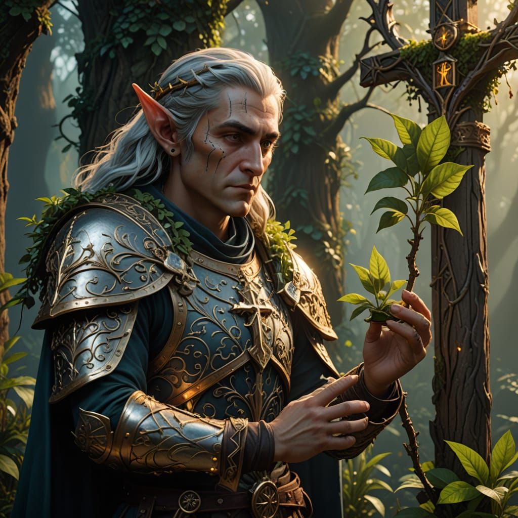 Wood elf visiting a shrine - Wood Elf Cleric in Golden Hour