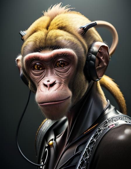 a close up of a person with headphones on, (humanoid monkey fantasy ...