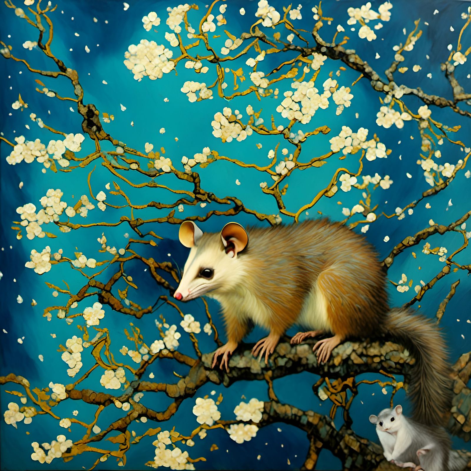 A lifelike possum in a starry night blooming almond blossom tree forest ...