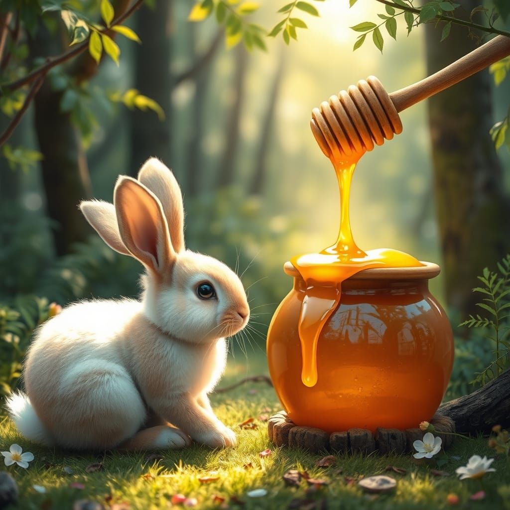 A soft gentle rabbit and a glowing pot of honey