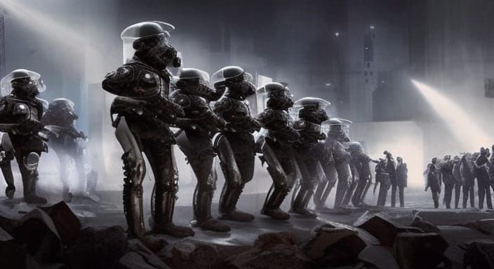 Photorealistic sci fi riot control police in armoured exoskeleton Epic ...