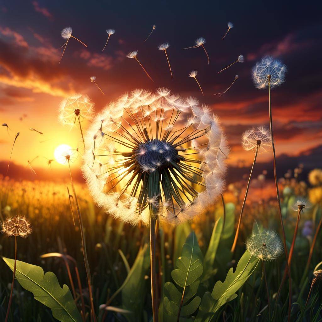A beautiful, detailed dandelion in the sunset, dandelion is contrasting ...