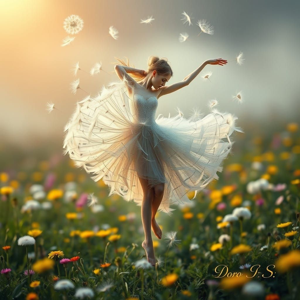 Ethereal Dancer in Dandelion Blooms - AI Art