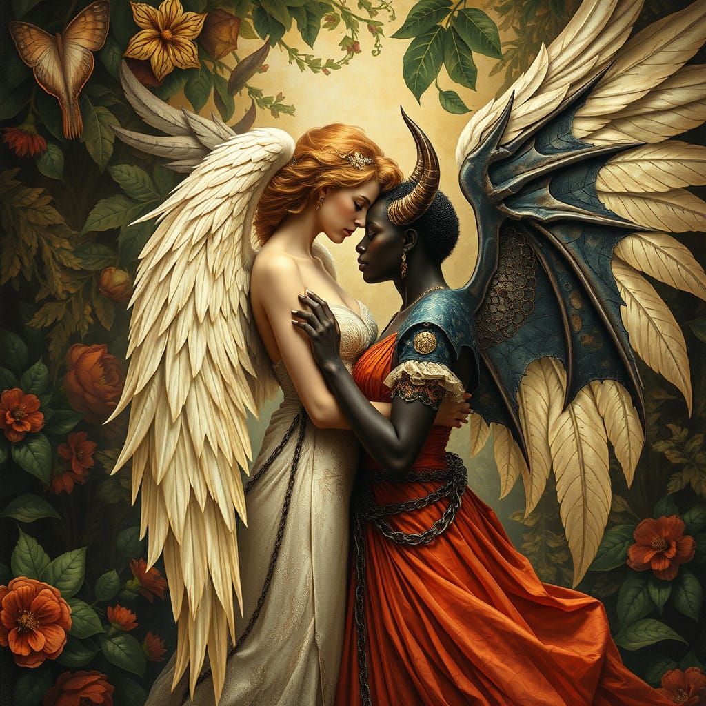 Baroque Angel and Demon Lovers in Sensual Intimacy - AI Art