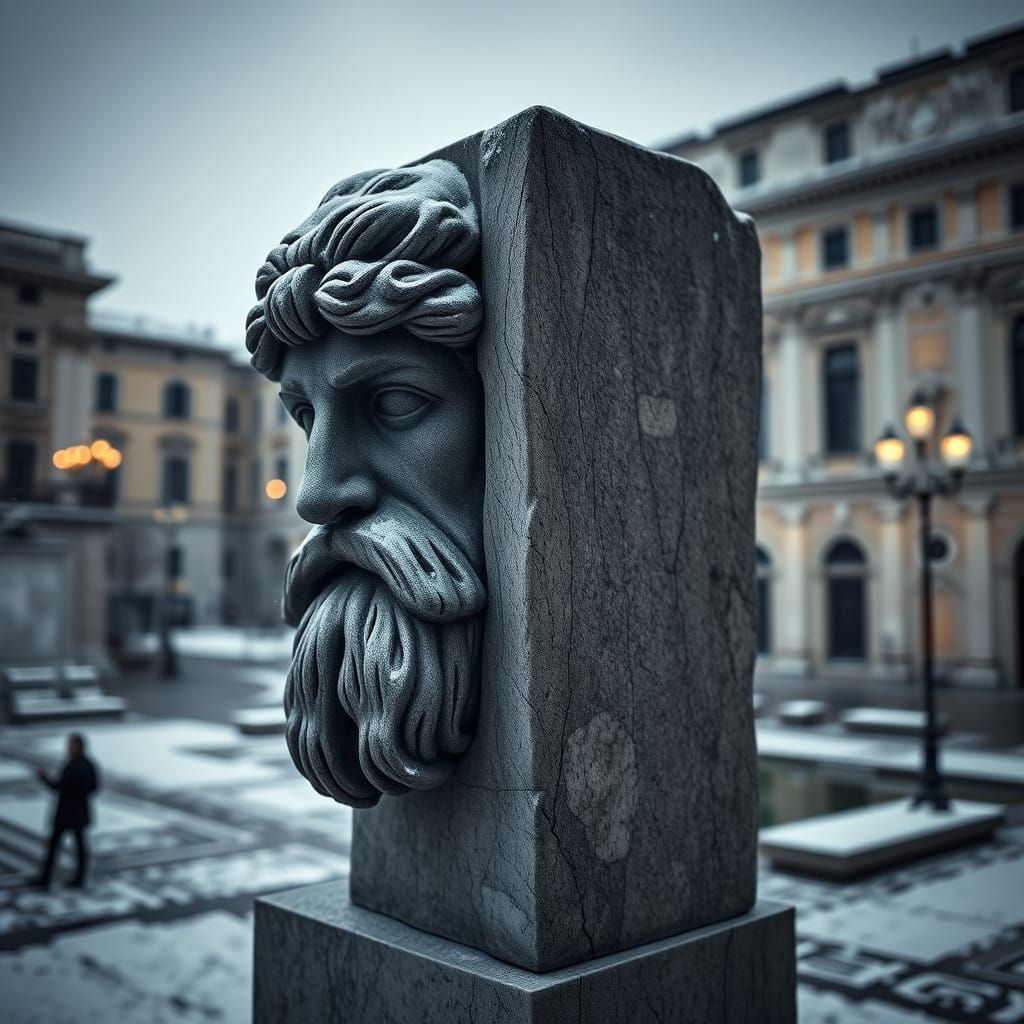 Majestic Janus Statue in Snowy Roman Square: Forwa... - AI Art