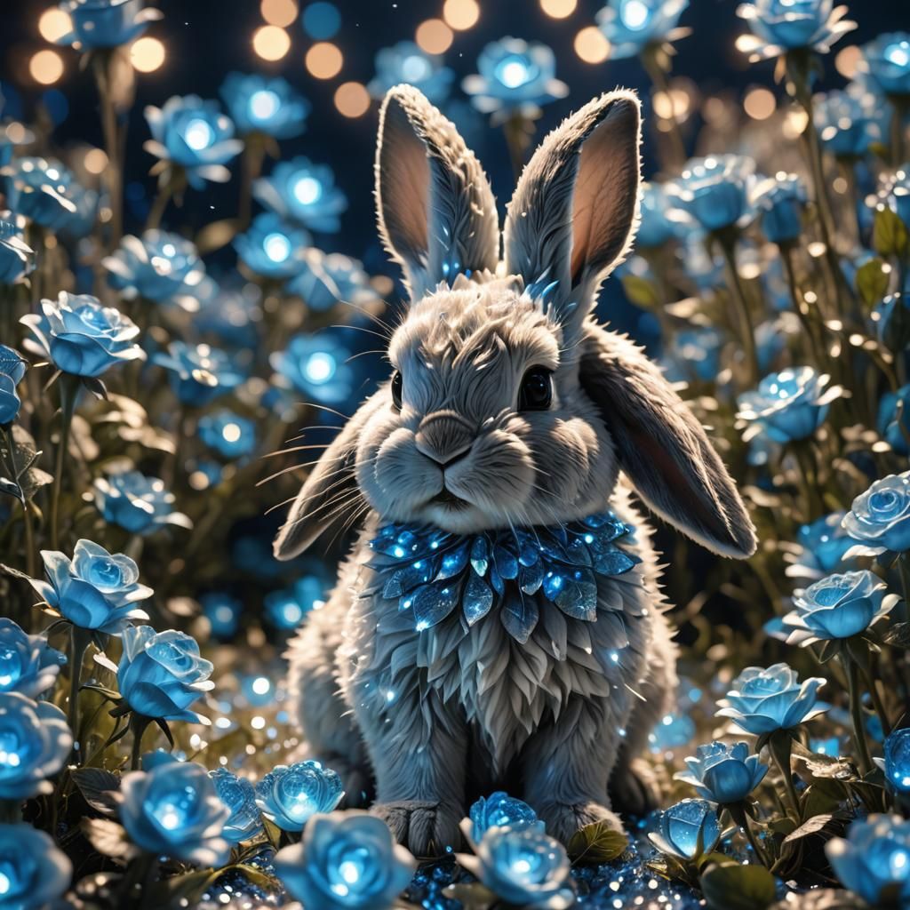 fluffy blue-furred baby rabbit in a moonlit field of glowing blue glass ...