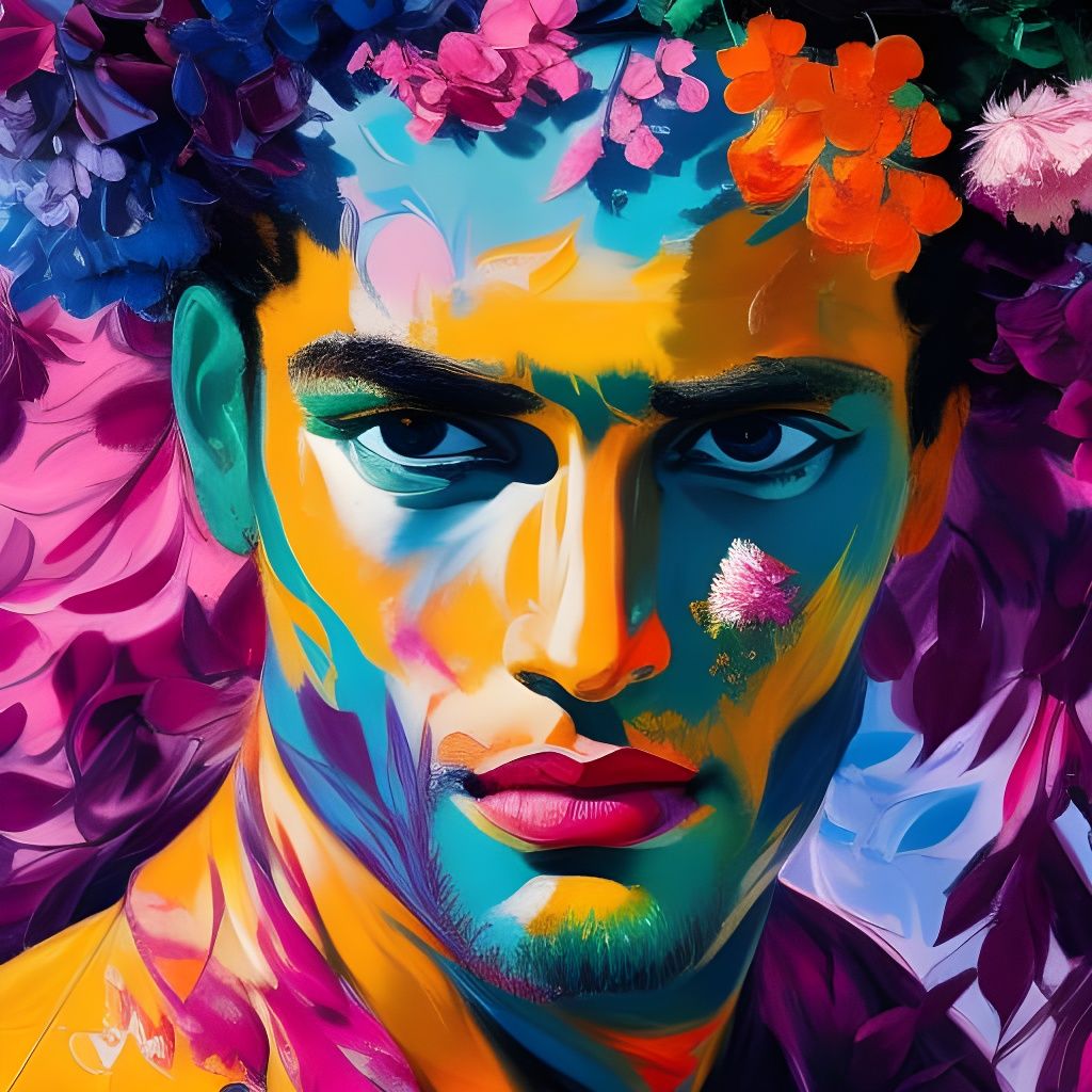 male model posing, covered in flowers, wild, full body portrait by ...
