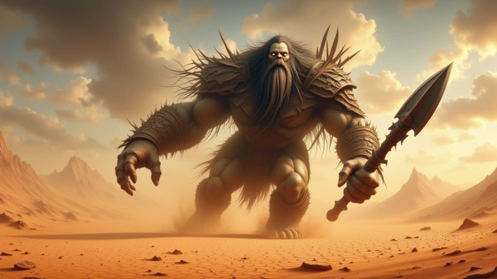 Desert Giants Clash with Nomadic Tribes in Epic Ba... - AI Art