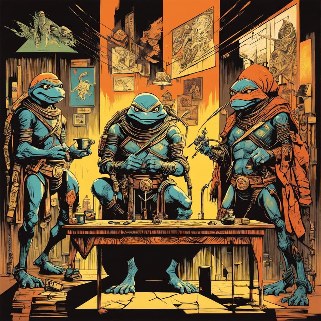 Turtles Unite in a Vibrant, Abstract Anime Mashup - AI Art