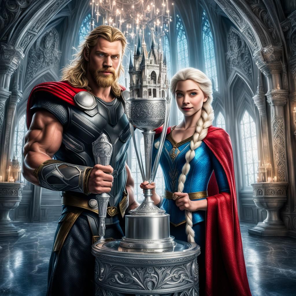 Thor and the Disney Princess Elsa holding a trophy inside a silver ...