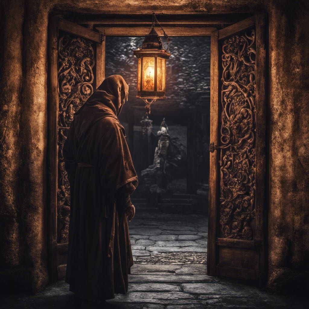 a dark monk handling a lantern and opening a door to a world of ...