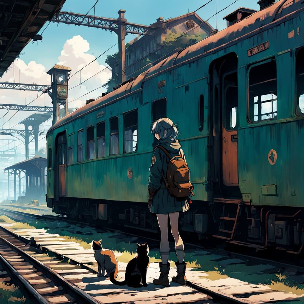 Girl and two cats - Girl in Post-Apocalyptic Train Station S...