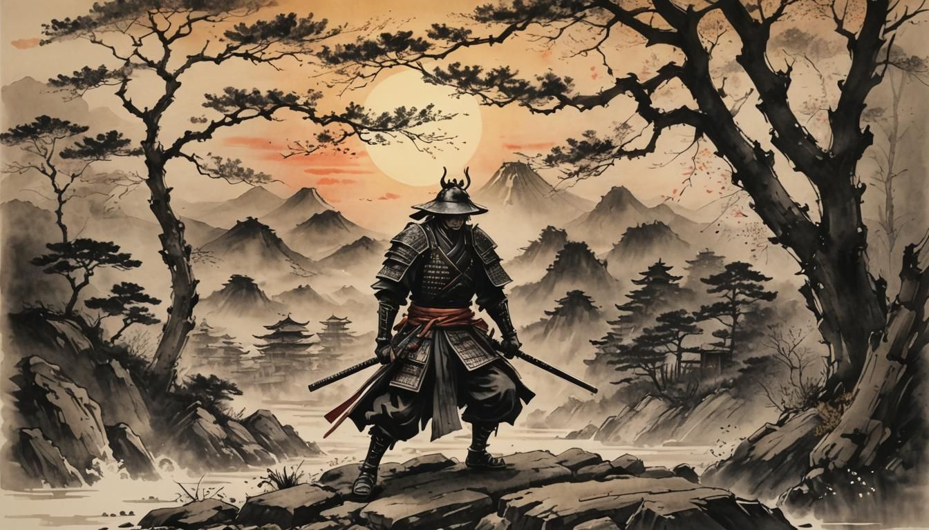 Japanese ink drawing, in the style of samurai legends, intricate ...