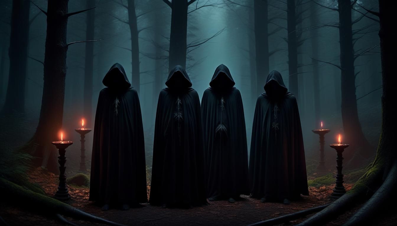 black cloaked group, ritual in dark spooky forest, cinematic lighting ...