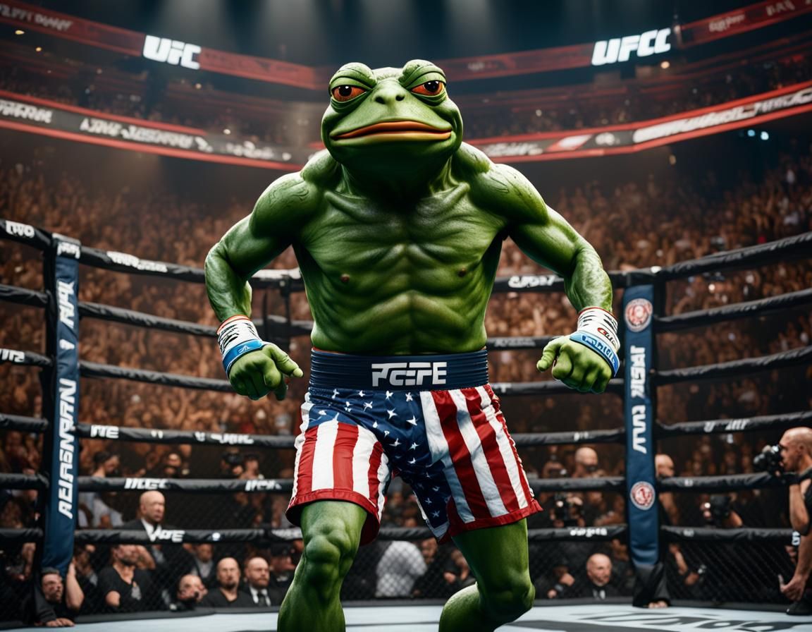 Pepe the frog entering the ufc fight octagon, wearing fight trunks ...