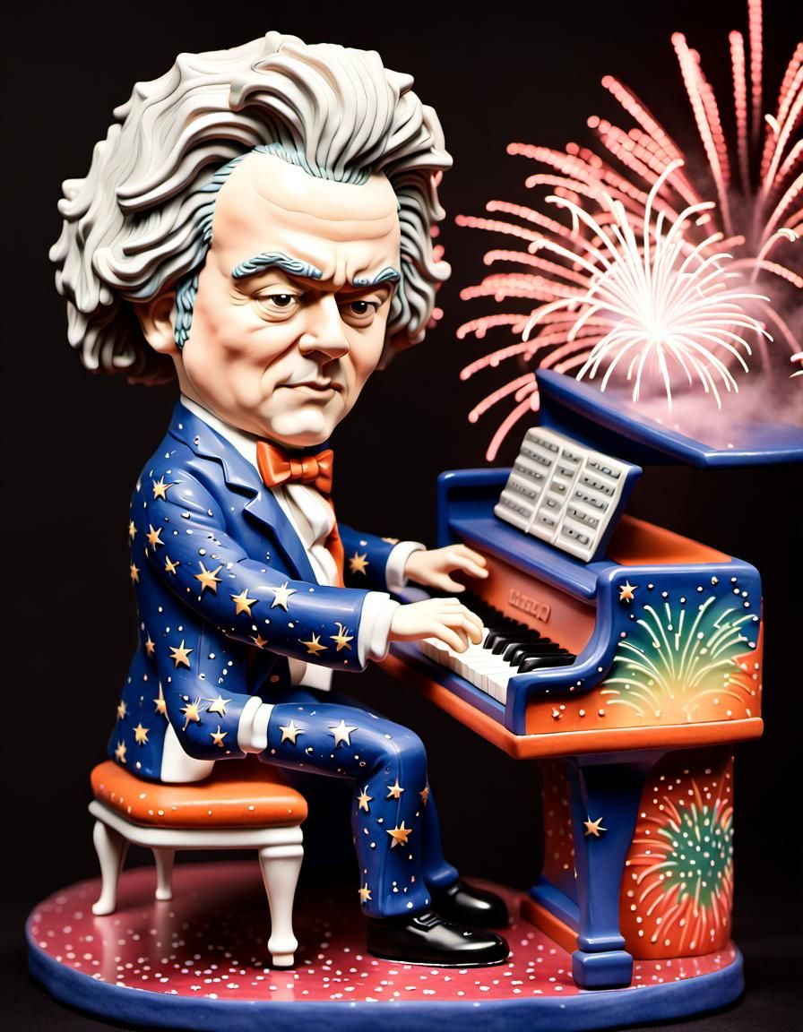 intricately detailed ceramic bobblehead of Beethoven playing the piano ...