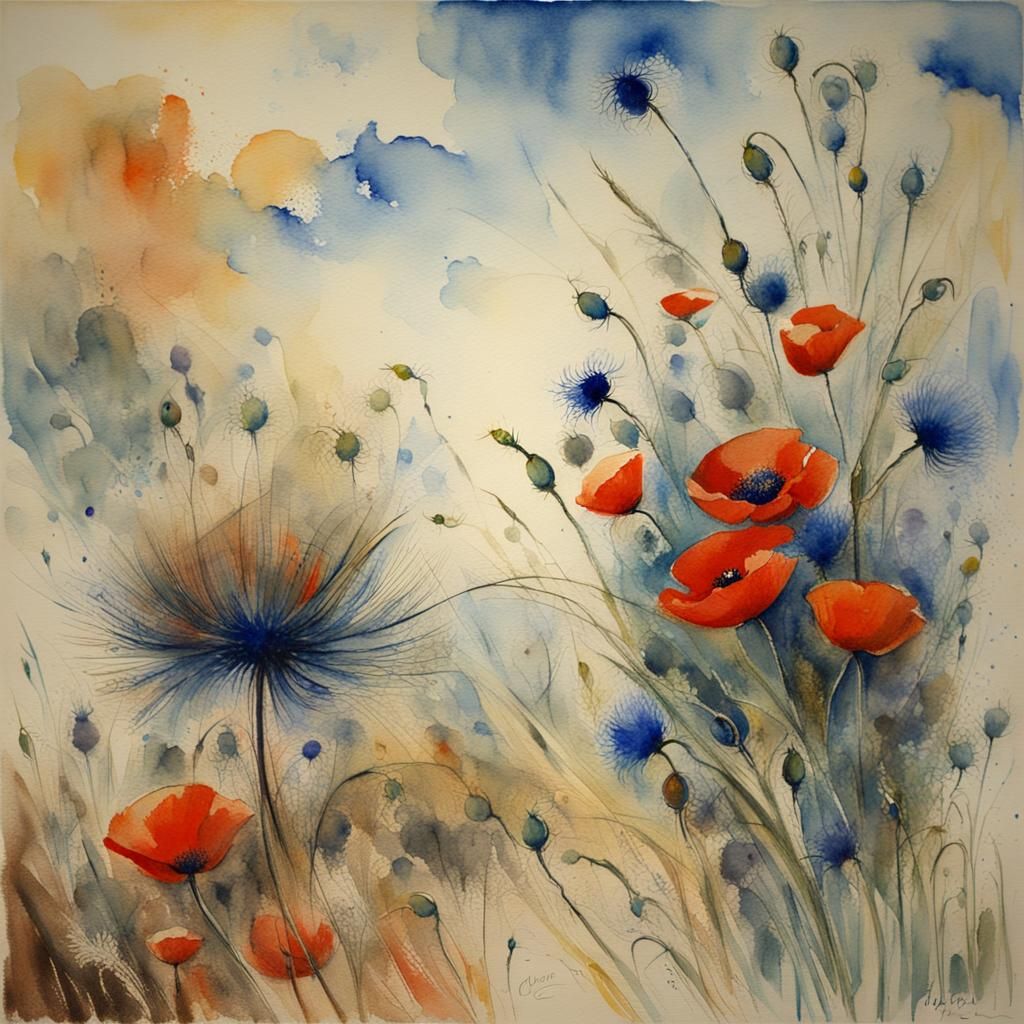 Poppies, blue thistles, tall silver grass, a floral fantasy