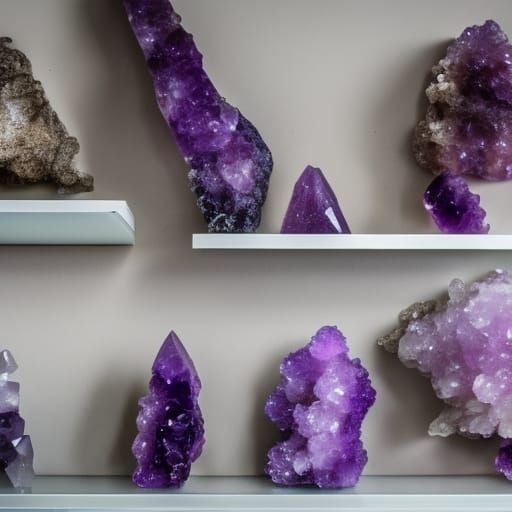 Large display collection of geodes, Amethyst, quartz and other crystals ...