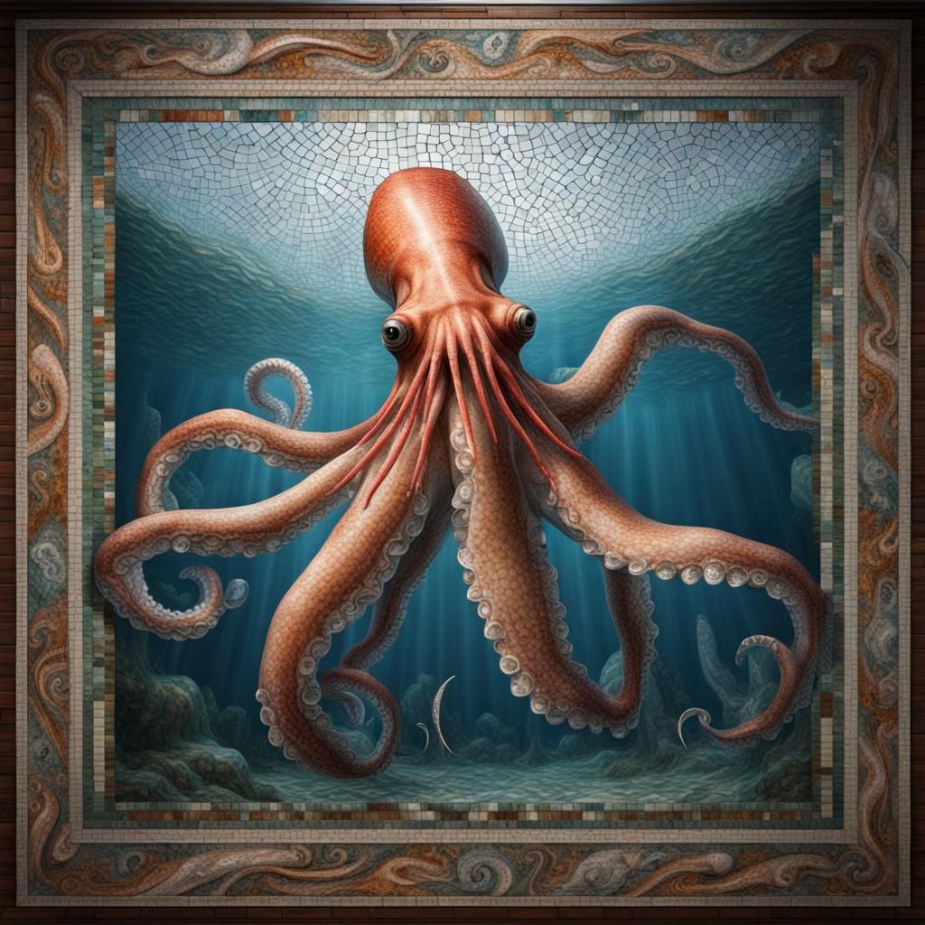Mosaic depicting a giant squid, 64k resolution, a masterpiece, 75mm ...