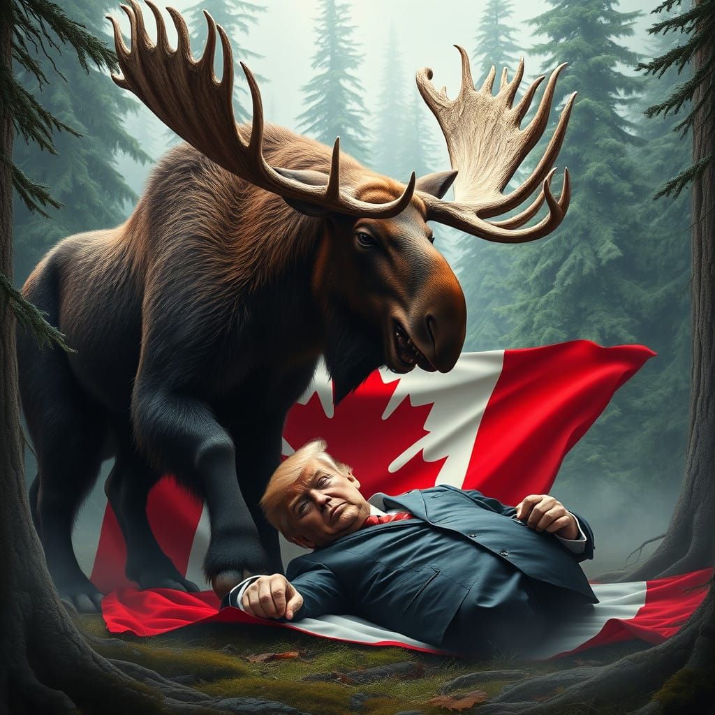 Majestic Moose Stomps on Trump as He Kneels on Can... - AI Art