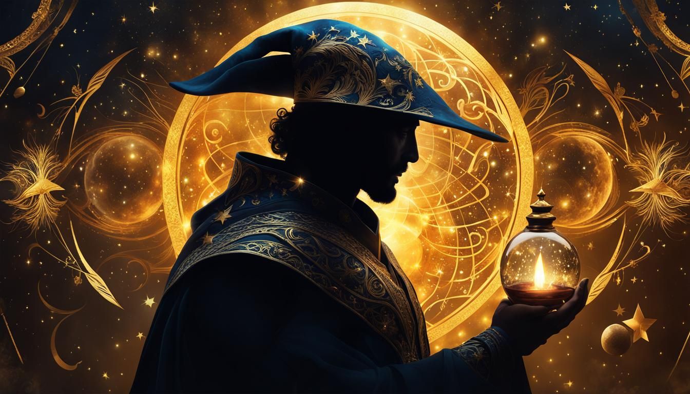 a sorcerer silhouette combined with beautiful magical mystical alchemy ...