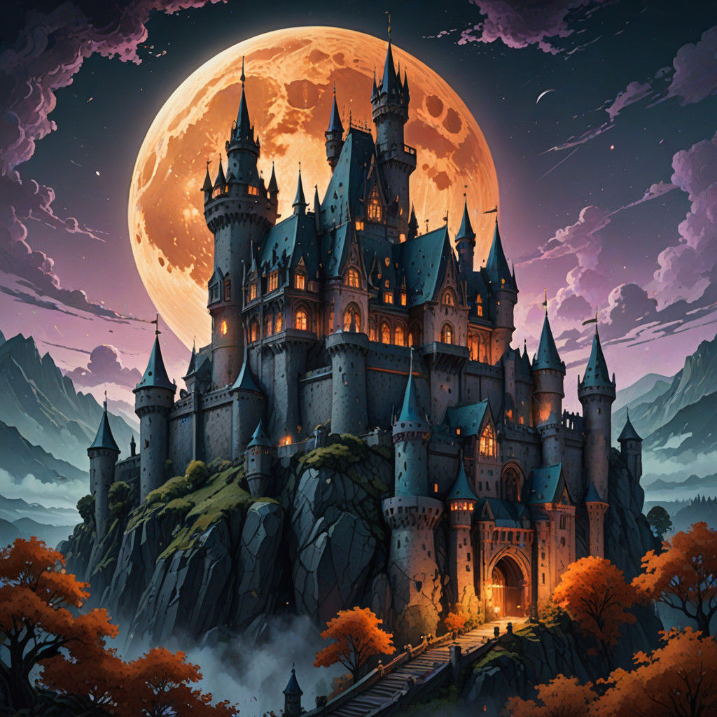 Gothic Castle Radiates Warmth Under Bloodmoon - AI Art