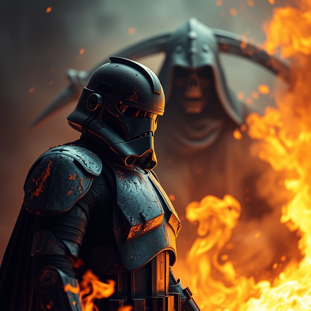 Dark Clone Trooper in Fiery Vortex, Grim Reaper's ... - AI Art