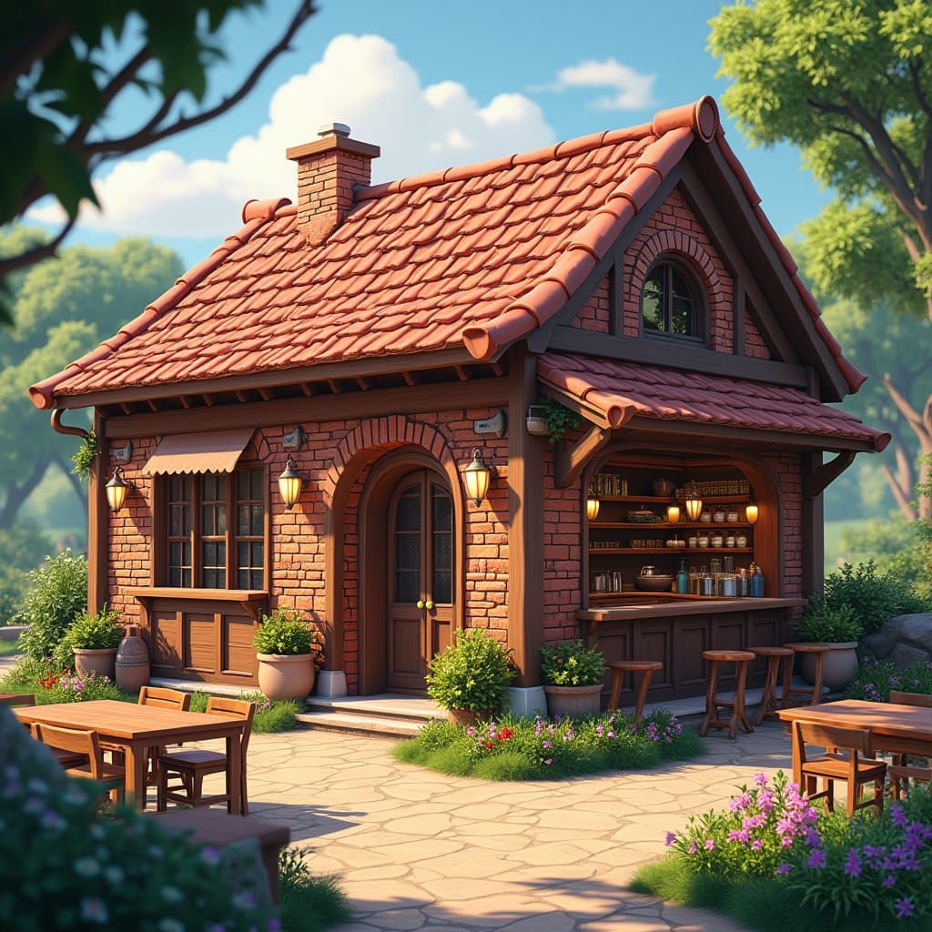 Rustic Café Amidst Lush Greenery in Warm Red Brick... - AI Art