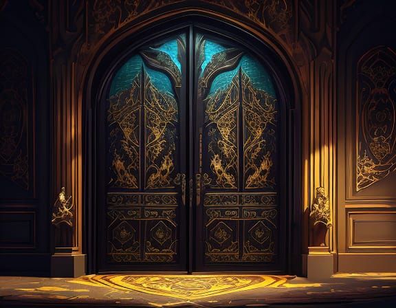 Dark fantasy concept art. Medium shot. Fifty feet tall chambers door ...