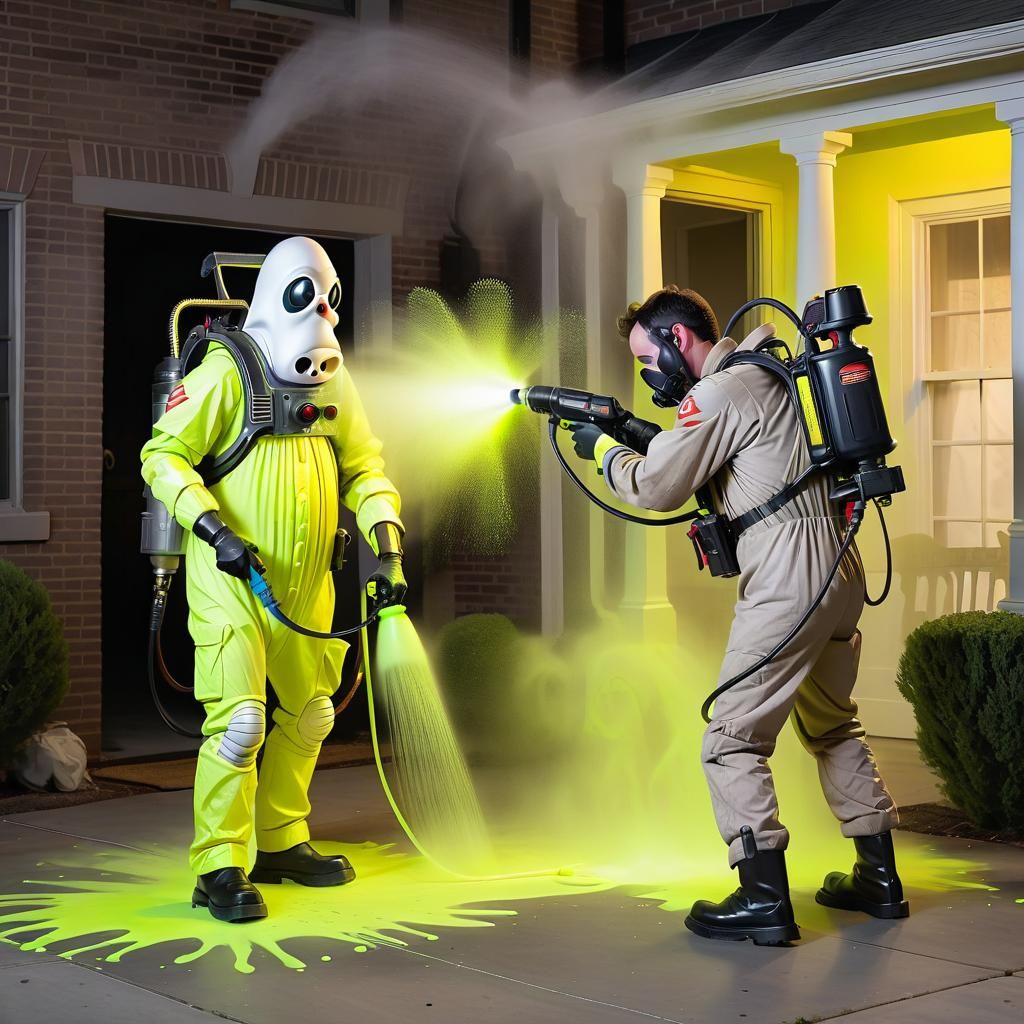 Ghostbuster spraying a ghost with a neon yellow high pressure ...