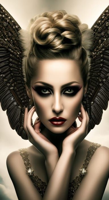 Gorgeous woman, black angel wings, scant clothing, intricate details ...