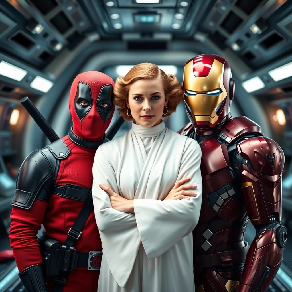 Galactic Friends Unite: Princess Leia, Deadpool, a... - AI Art