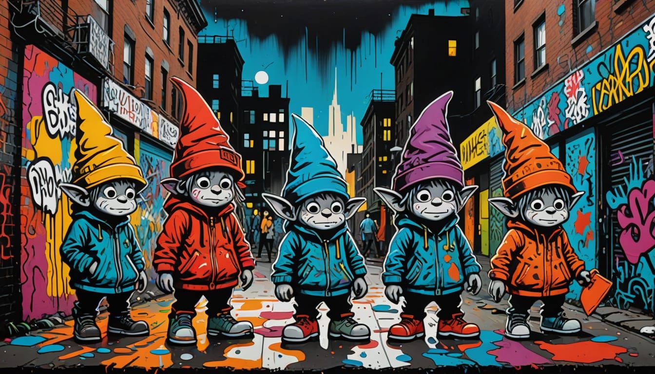 gnomes graffiti art, splash art, street art, spray paint, oil gouache ...