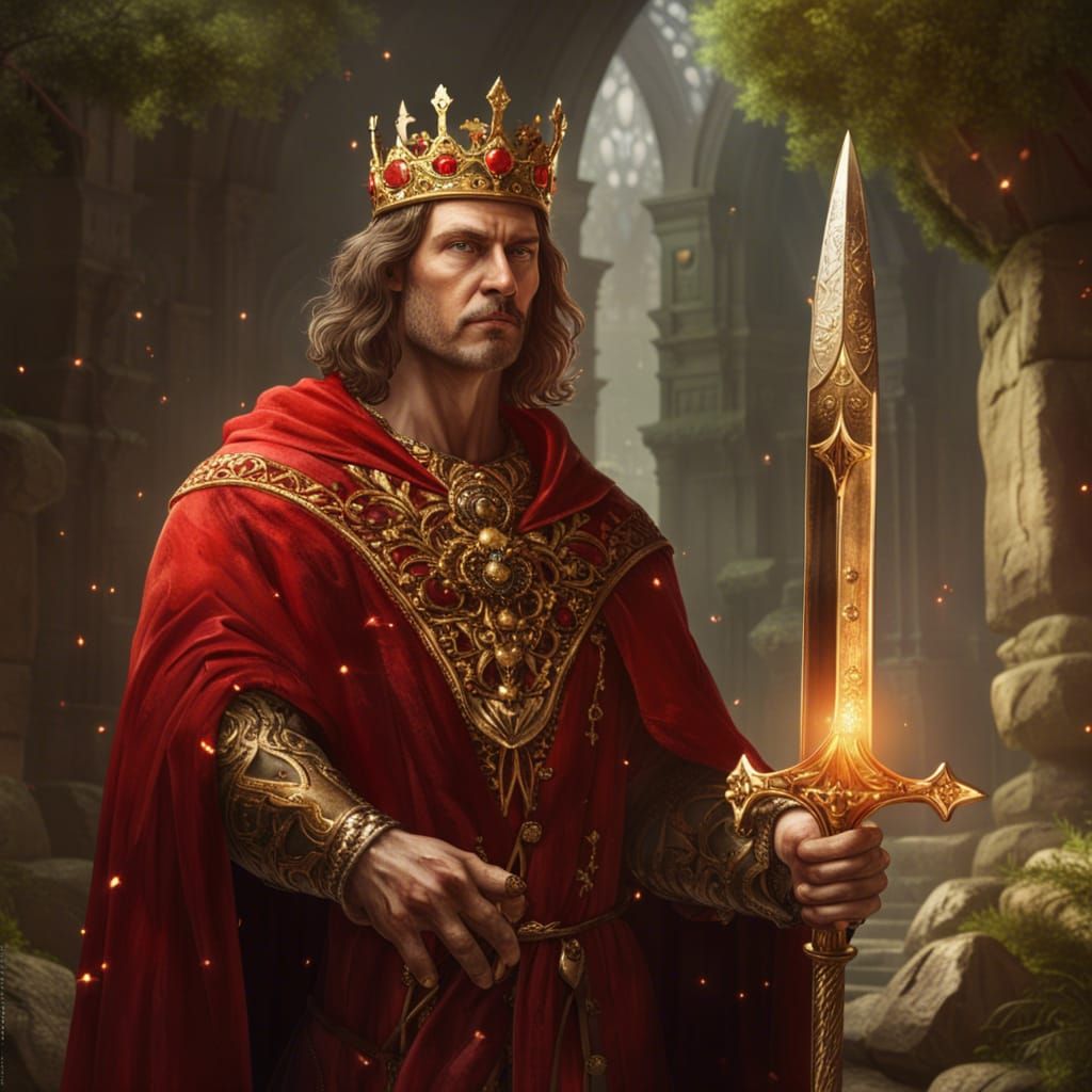 Medieval King with pale skin brown hair and in traditional red royal ...