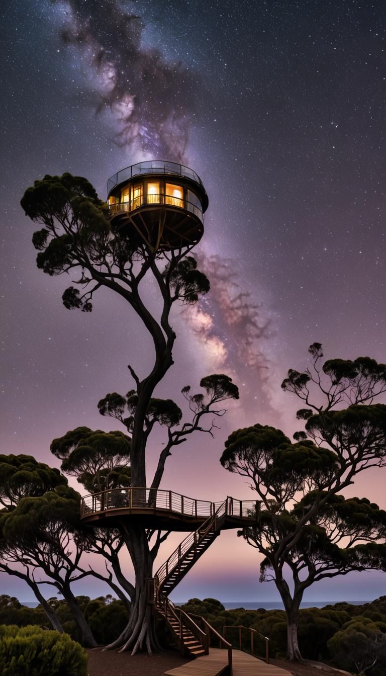 travel photo, starry night, luminous moon, a modern elegant treehouse ...