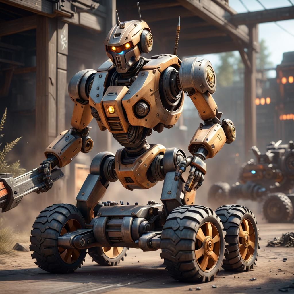 A battle bot on wheels with blades and a saw, hyperdetailed ...