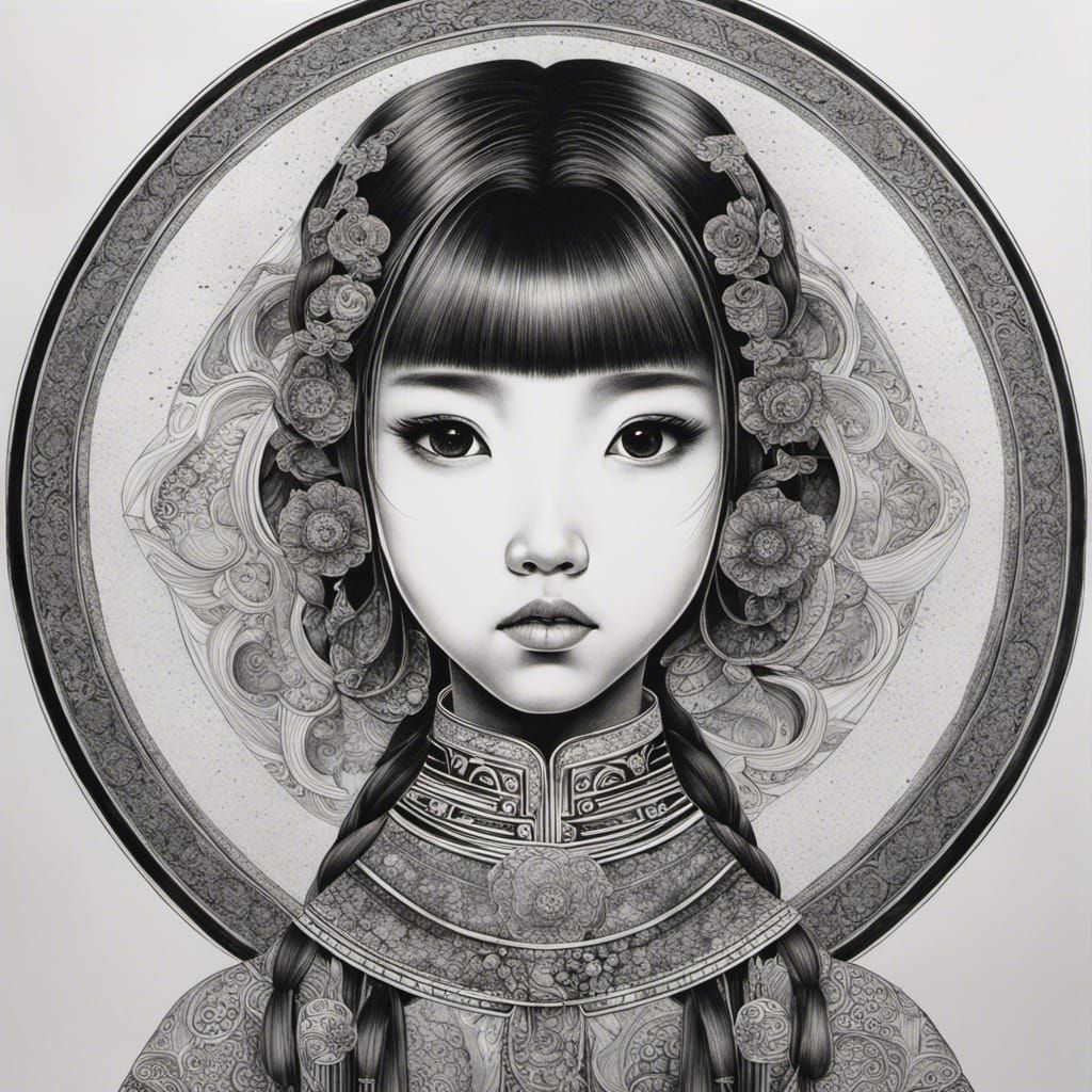 black and white ink drawing chinese girl with big round expressive - AI ...