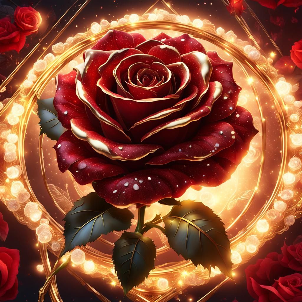 Gorgeous crimson red crystal bio-luminescent rose, with gold, red, and ...