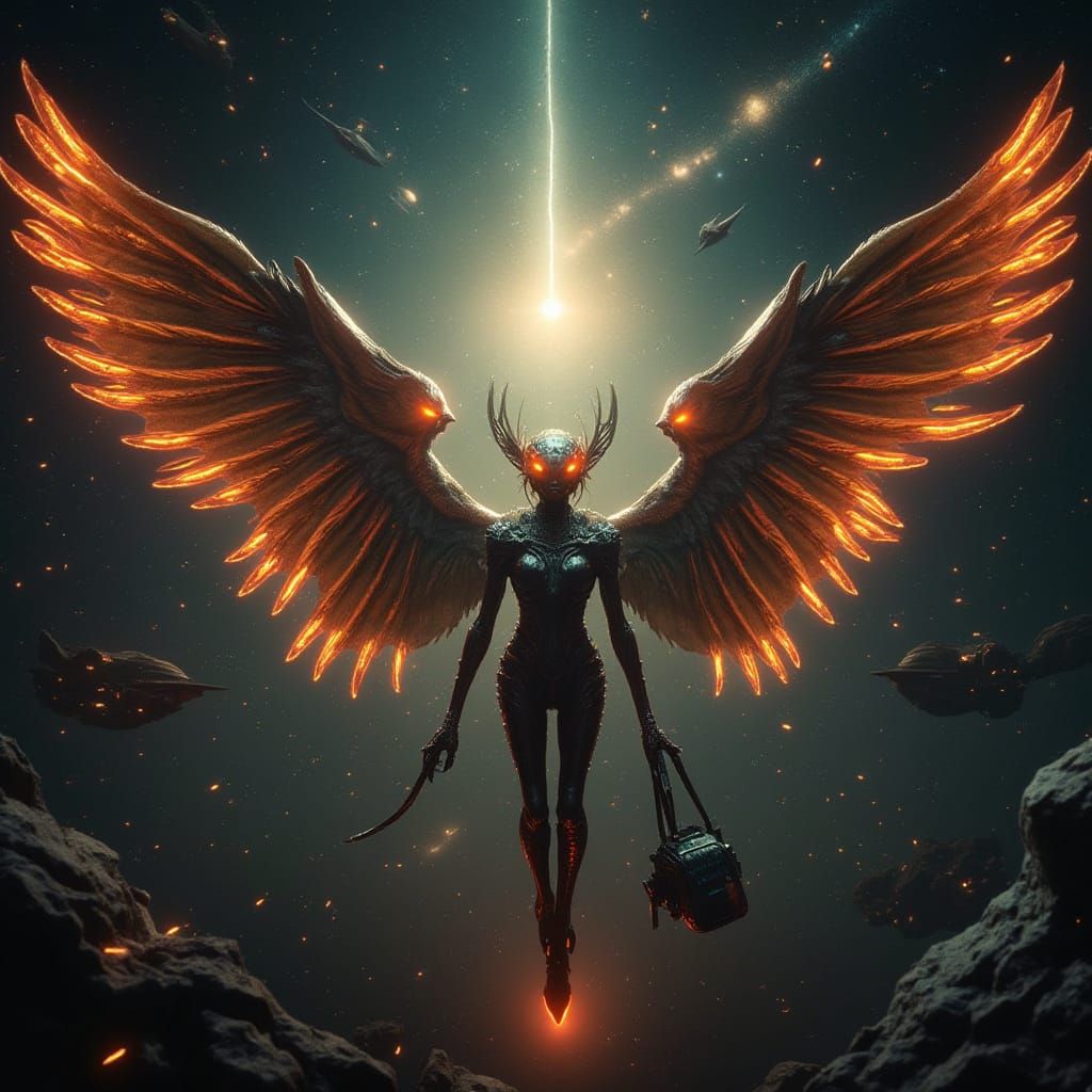 Cyberpunk Winged Aliens in Neon Spacecraft Galaxy - AI Art
