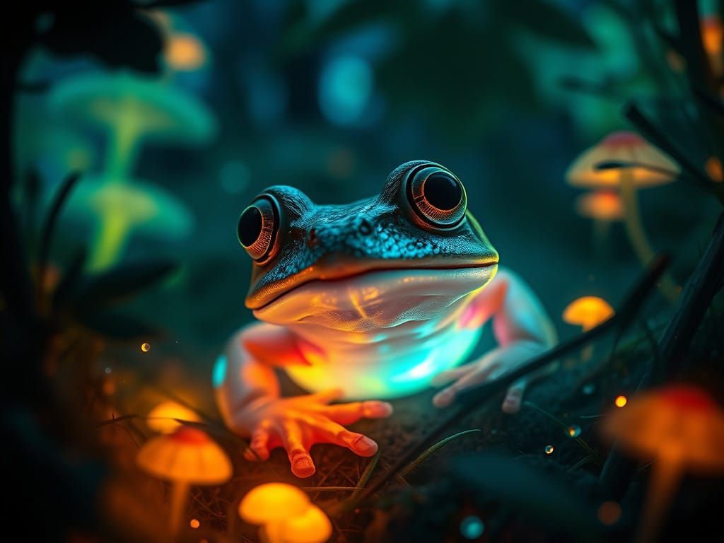 Bioluminescent Frog in Vivid Forest Scene - AI Art