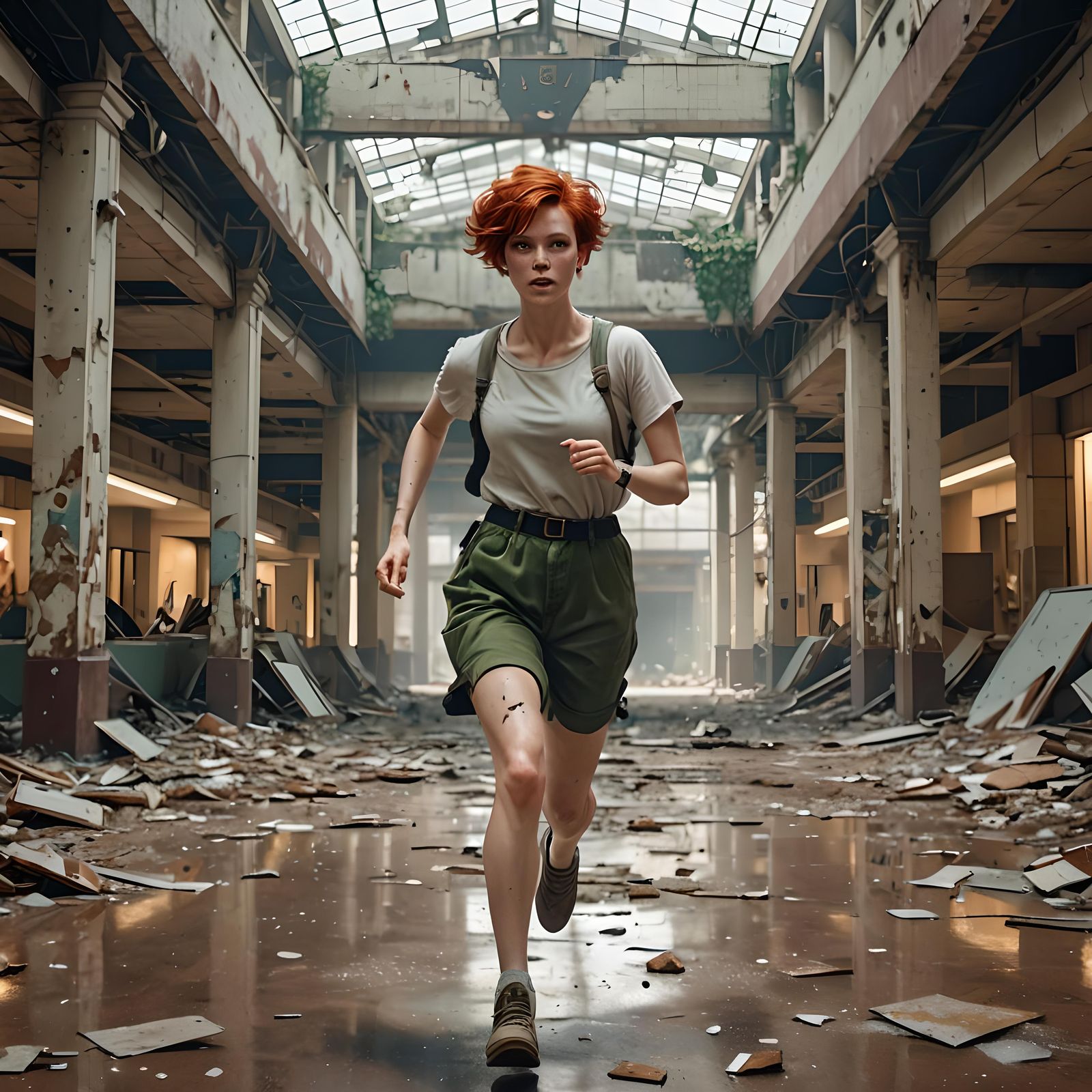 Barefoot redhead girl with a pixie cut running through an abandoned ...