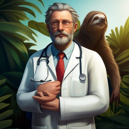 Sloth doctor, lab coat, glasses, stethoscope, 8k resolution, a ...