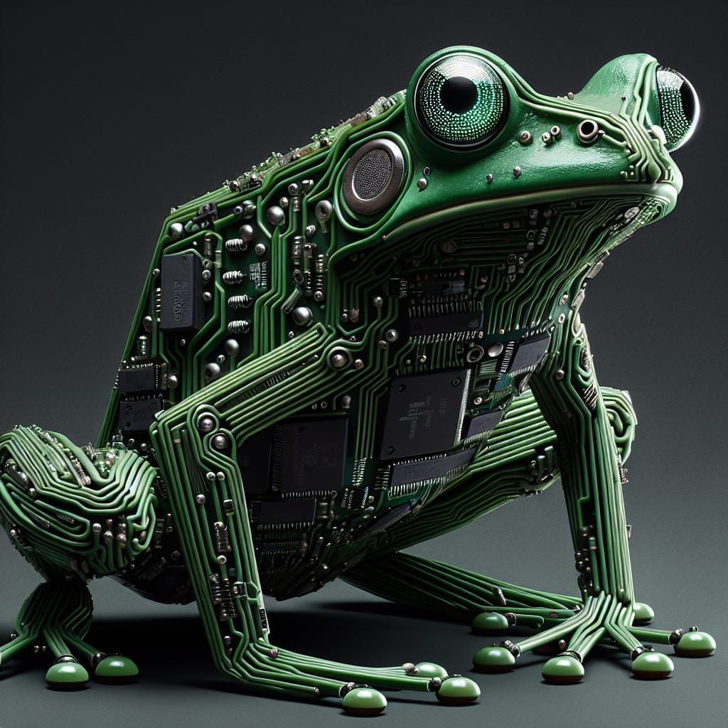 A frog made of electronic circuits and connections. - AI Generated ...