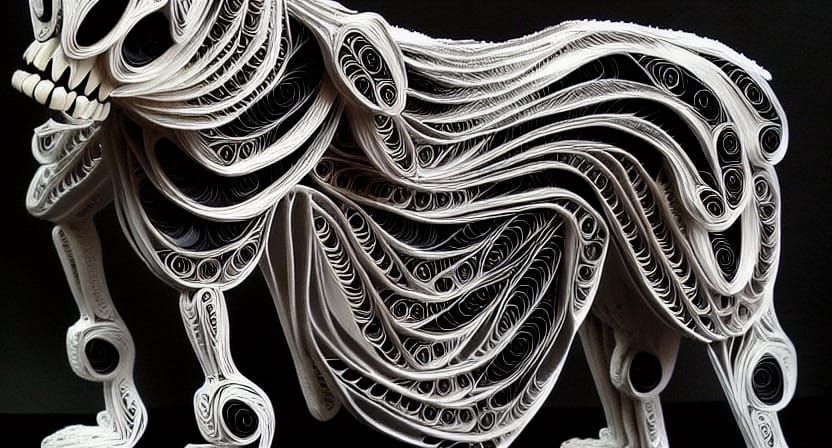 A scary skeleton dog H.R. Giger quilling complex elaborate expansive ...