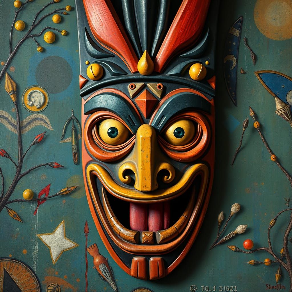 Surreal Fantasy Tiki Mask Art in Cubist Style - AI Art