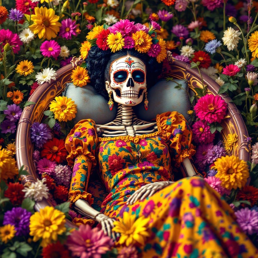 Frida Kahlo Day of the Dead - Surreal Mexican Goddess in Fl...